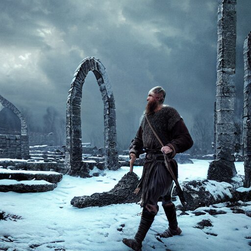 Lexica - A beautiful painting of a viking walking through the ruins of ...