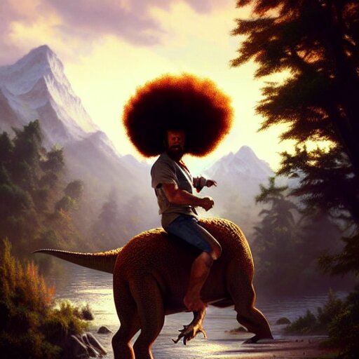 Lexica - Bob ross!!! riding! a dinosaur, giant afro, model pose, ultra ...