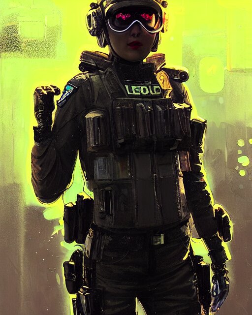 detailed neon female swat officer flying a jet, cyberpunk futuri ...