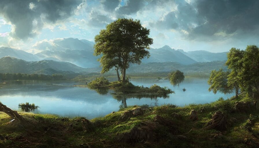 Lexica - Portrait of a vast lake with a village surrounded by woodland ...