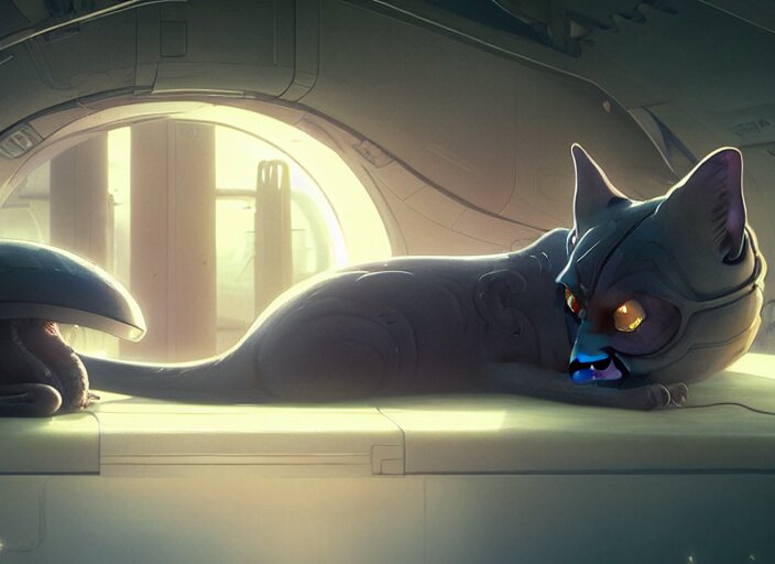 Lexica - Alien cat sleeping in a spaceport in a gothcore ghibli ...