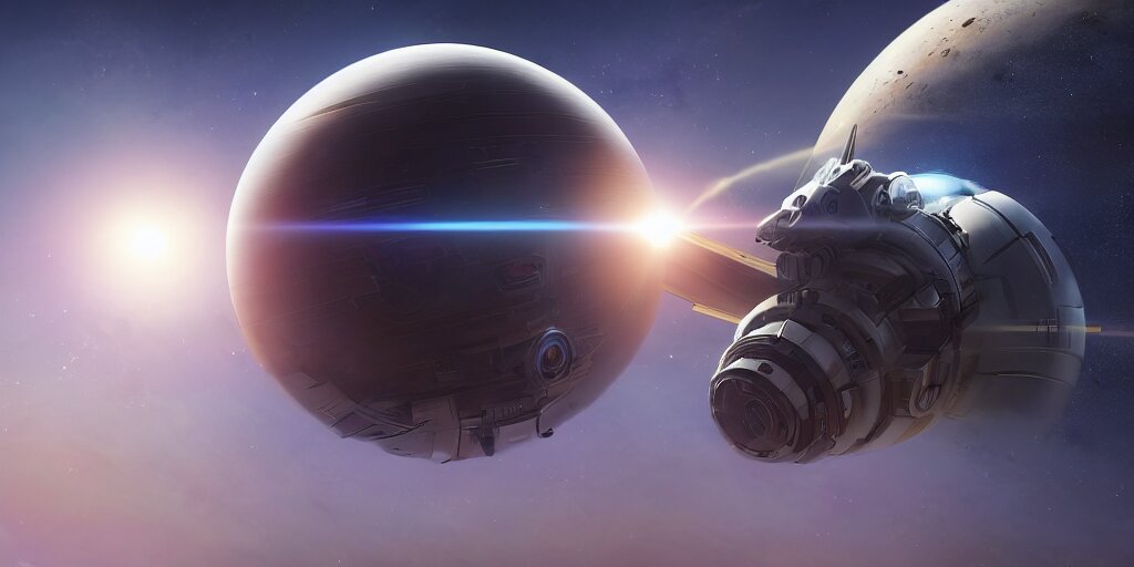 Lexica - Wide shot of a spheric round ball shaped sci fi space ship ...