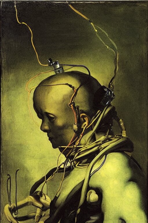 Lexica - A cyborg monk with cables and wires attached to his face by ...