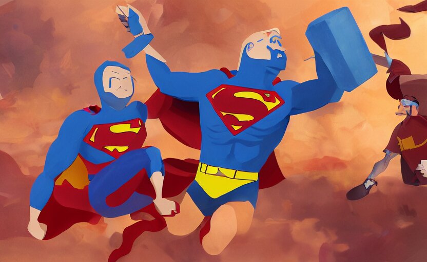 Lexica - Painting of Jake versus superman, Jake is eating bacon ...
