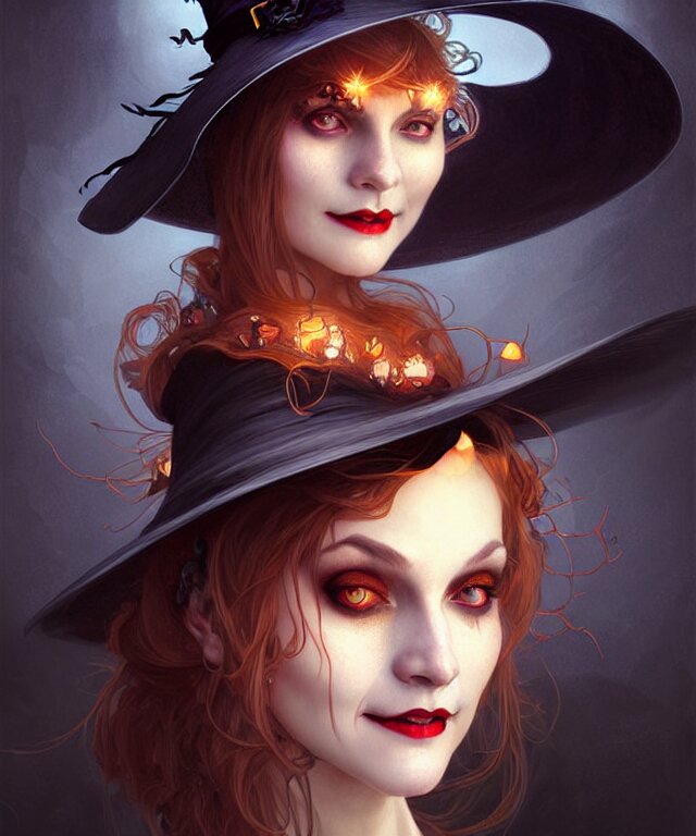 halloween witch woman in a hat smiles, fantasy magic, undercut h ...
