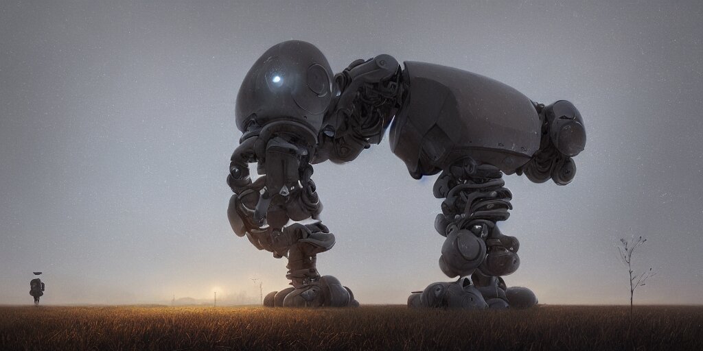 Lexica - A single colossal robot statue in an empty field in the ...