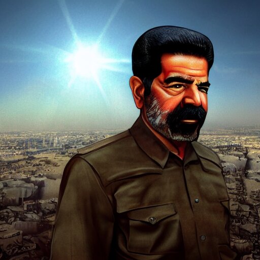 Lexica - Portrait of Saddam Hussein, Baghdad skyline background, washed ...