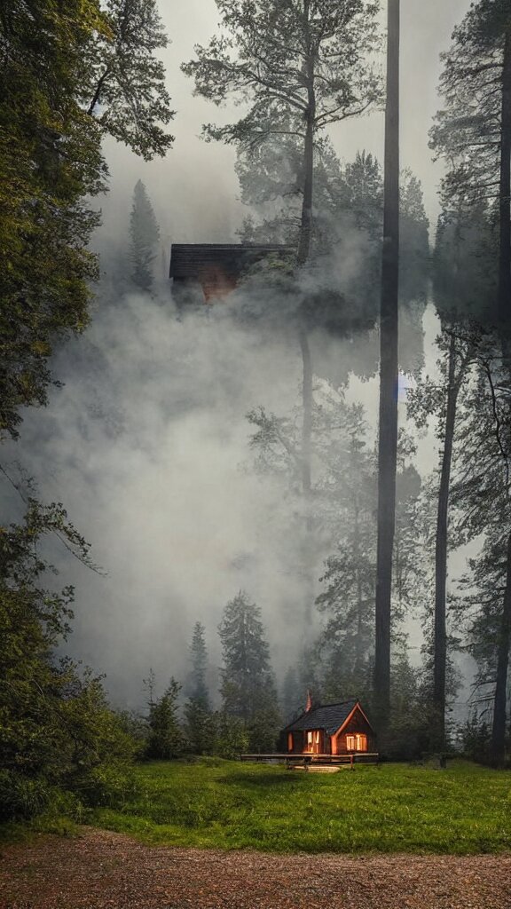 Lexica - Small wooden cottage in the forest at night, smoke coming out ...