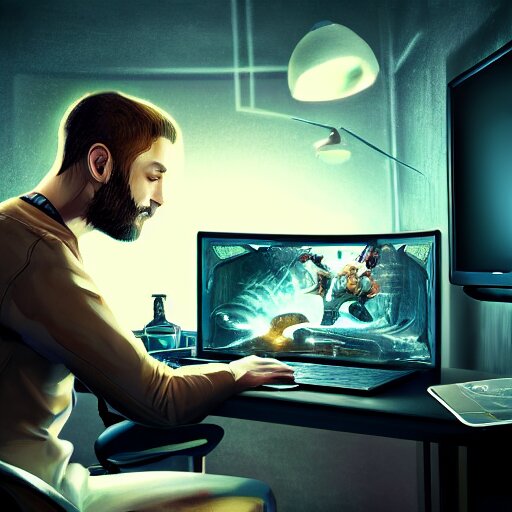 Lexica - Realistic successful man using laptop in gaming room, artstation trends, future concept ...