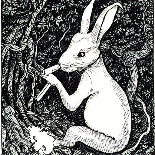 Lexica - A pen and ink drawing of a white rabbit smoking a cigarette ...