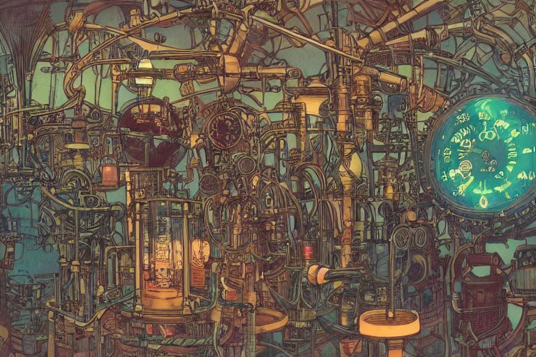Lexica - Close up view on steampunk lab with big vapor tubes and ...