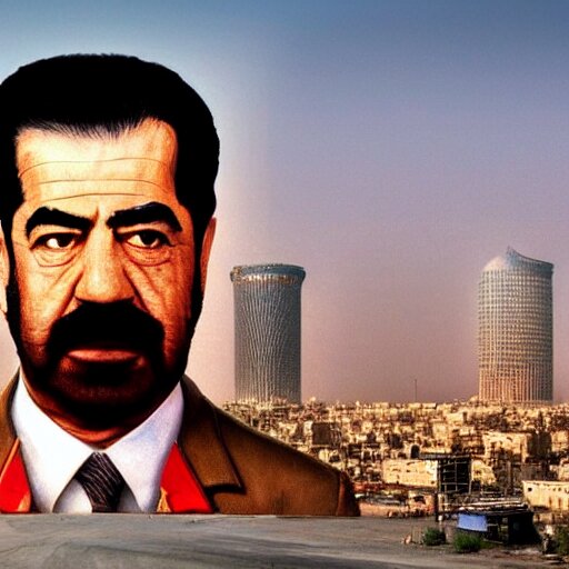 Lexica - Portrait of Saddam Hussein, Baghdad skyline background, washed ...