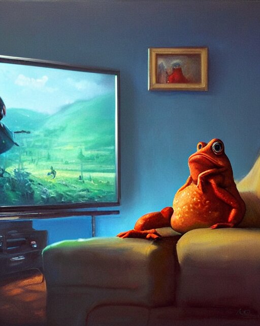 Lexica - Hyper realistic oil painting of toad watching a tv movie chill ...
