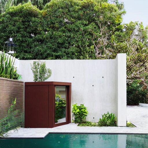 small elongated backyard with hut office, white walls, brown til ...