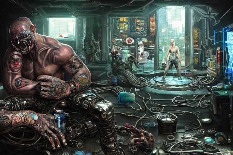 Lexica - Ultra realistic illustration, a hefty damaged cyberpunk mutant ...
