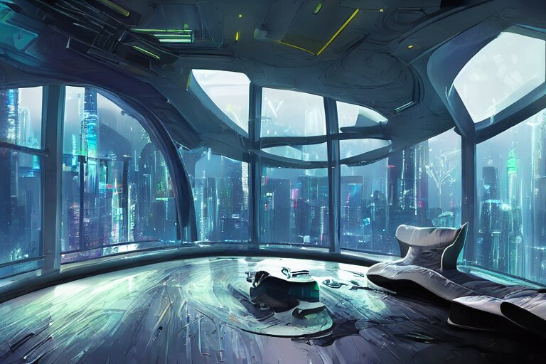 Lexica - A futuristic bedroom with large curved ceiling high windows ...