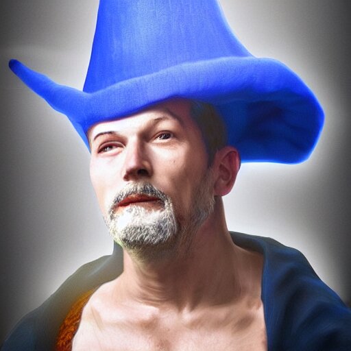 Lexica - A photo of a wizard wearing a big blue hat, digital art, hyper realistic, stylized