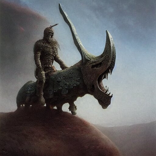Lexica - Triceratops rider in norse armor concept, beksinski