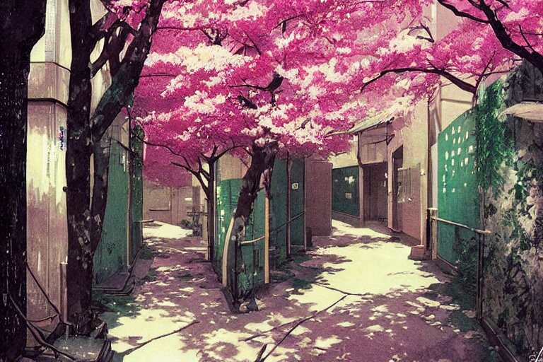 Lexica - Beautiful Japanese anime alleyway with sakura trees, art by ...