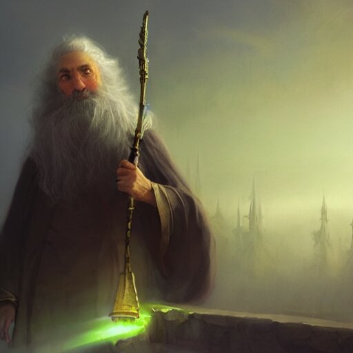 cinematic shot epic portrait an wizard with gray hair and long b ...