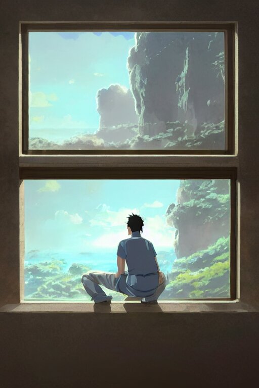 Lexica - A highly detailed matte painting of a man looking out window ...
