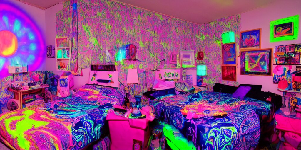 Lexica - A cluttered psychedelic 90s room with a blacklight and glowing ...