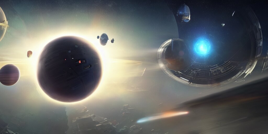 Lexica - Wide shot of a spheric round ball shaped sci fi space ship ...