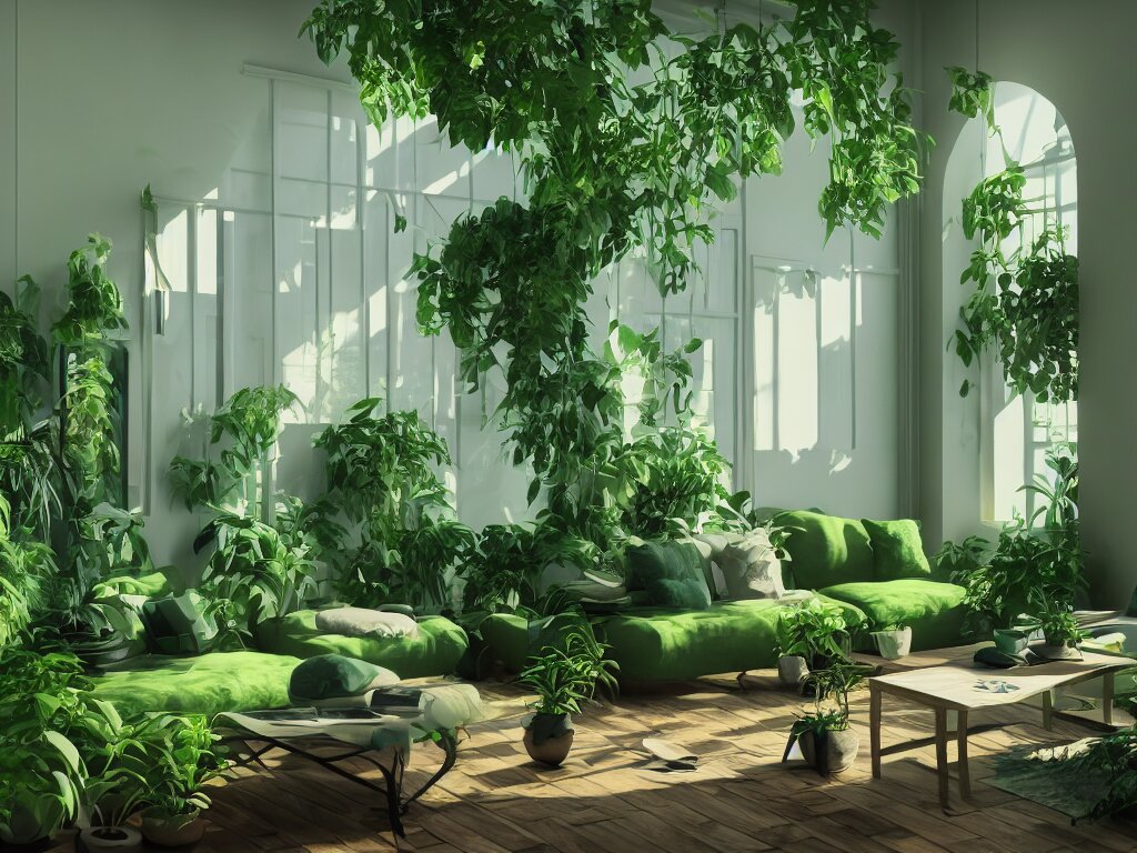 Lexica - Comfy green living room with many plants, complicated liminal ...