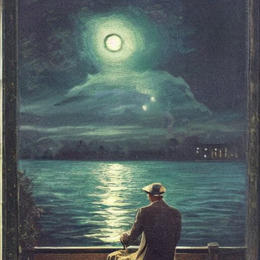 Lexica - Gatsby on his dock at night, looking at the dim green light ...