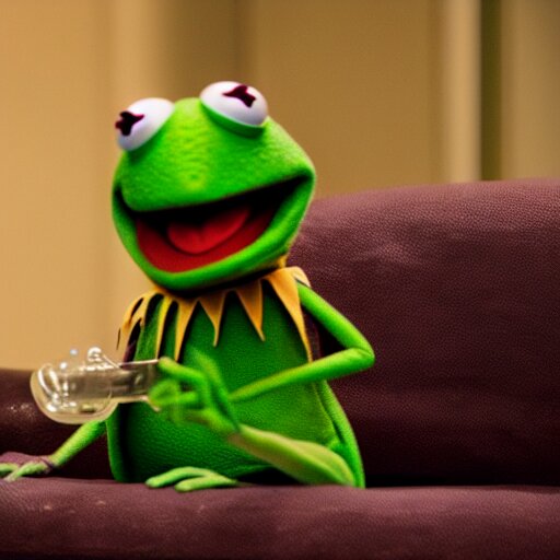 Lexica - Candid photo of kermit the frog sitting on the couch hitting a ...