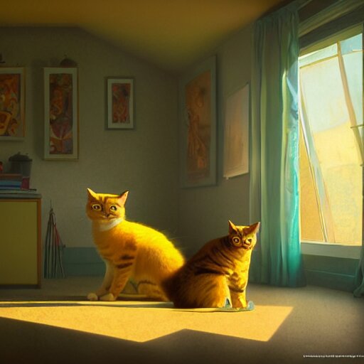 Lexica - Some cats playing around in a room with yellow background ...