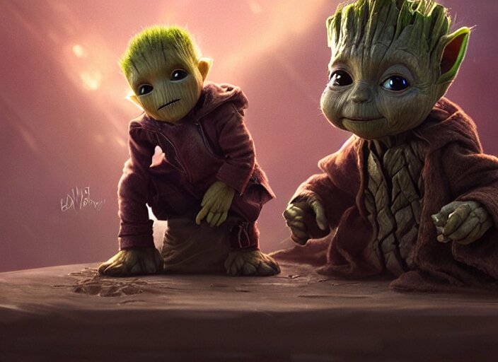 Lexica - A dramatic highly detailed render of baby groot and baby yoda ...