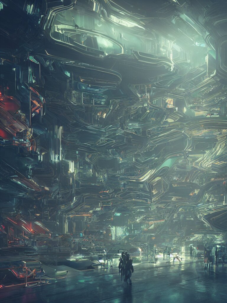 Lexica - Futuristic gothic interior of a busy spaceport on an alien ...