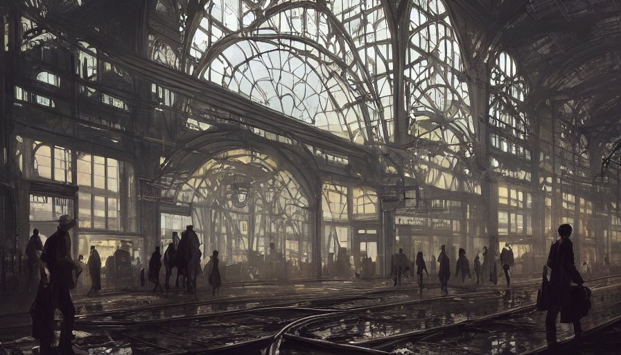 Lexica - Railway station in a Dieselpunk city, steam, large stained ...