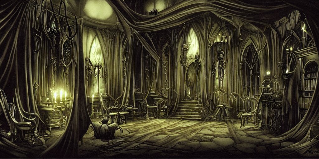 Lexica - Dark sinister vampire lair interior by Michael Parkes, library ...