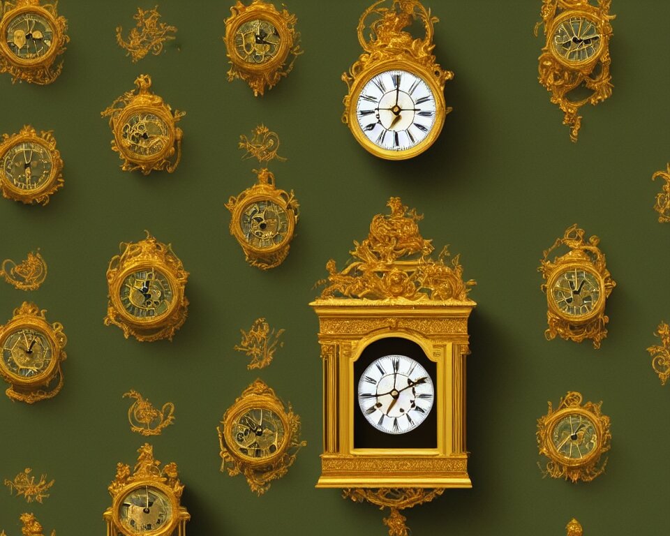 Lexica - An achingly beautiful print of dozens of ornate gold clocks on ...