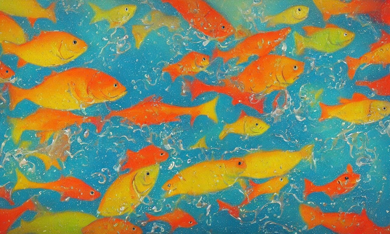 painting of splashing water, small fish, representation with abs ...