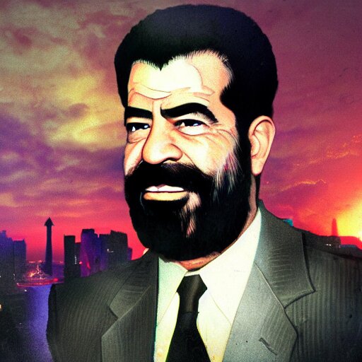 Lexica - Portrait of Saddam Hussein, Baghdad skyline background, washed ...