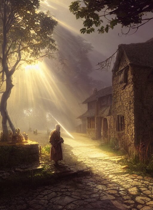 Lexica - Small poor medieval village, mist, sunrays, dust in the air ...