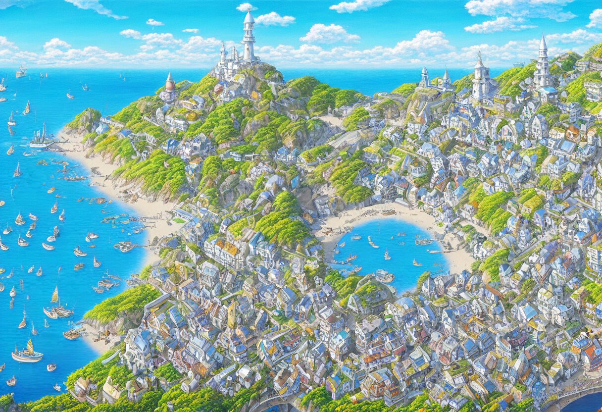 Lexica - A beautiful ultradetailed painting of a seaside town, sunny ...