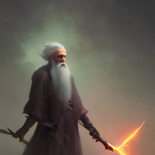 cinematic shot epic portrait an wizard with gray hair and long b ...