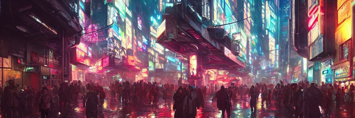 Lexica - Overly crowded street of a cyberpunk city, rain, harsh neon ...