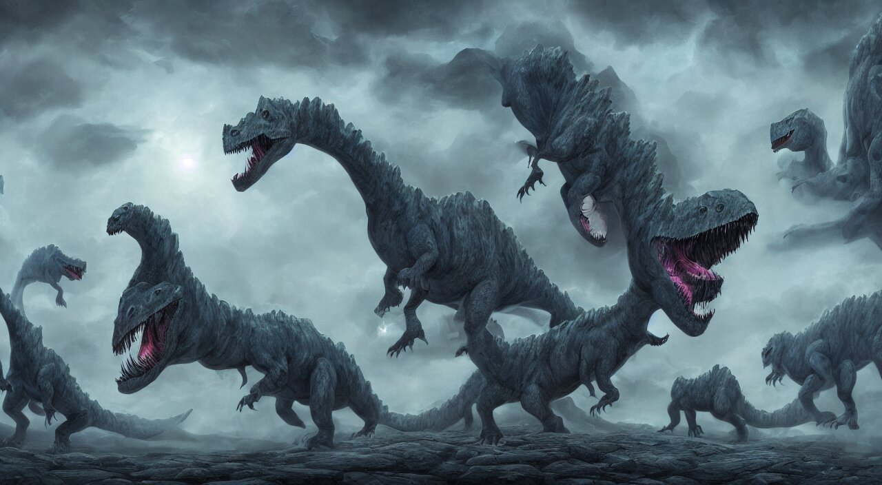 Lexica - Colorful ghost dinosaurs, glowing with magic, trapped in slate ...