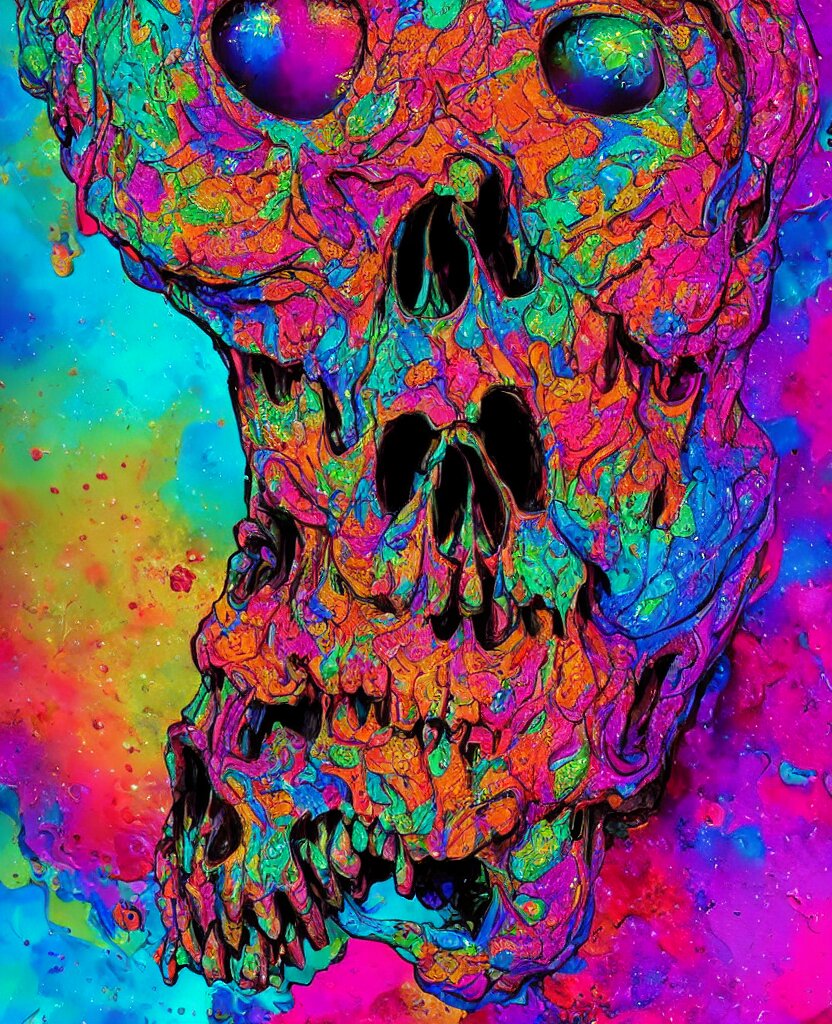 illustration of a colorfull melting human skull. flowers and blo ...