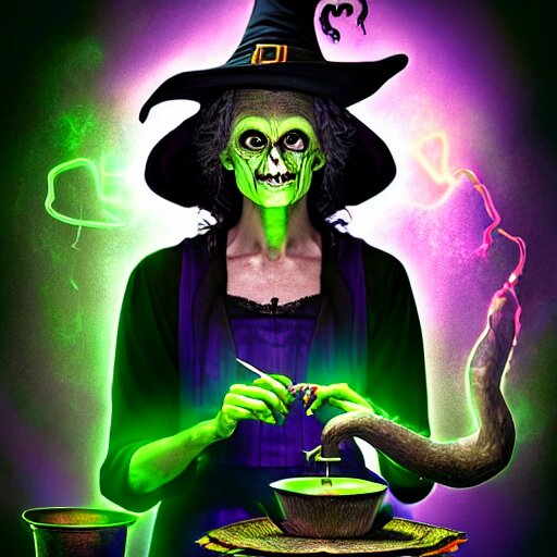 a portrait of a scary ugly witch that is brewing a wicked potion ...