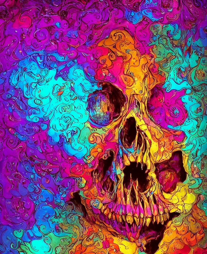 illustration of a colorfull melting human skull. flowers and blo ...
