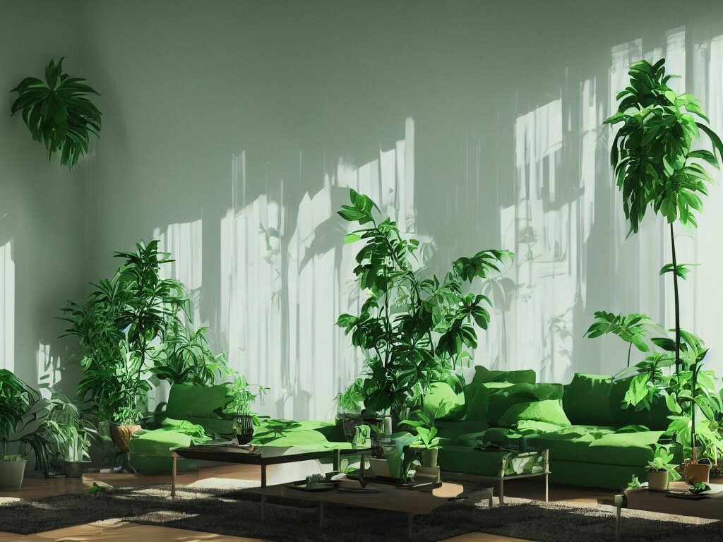 Lexica - Comfy green living room with many plants, complicated liminal ...