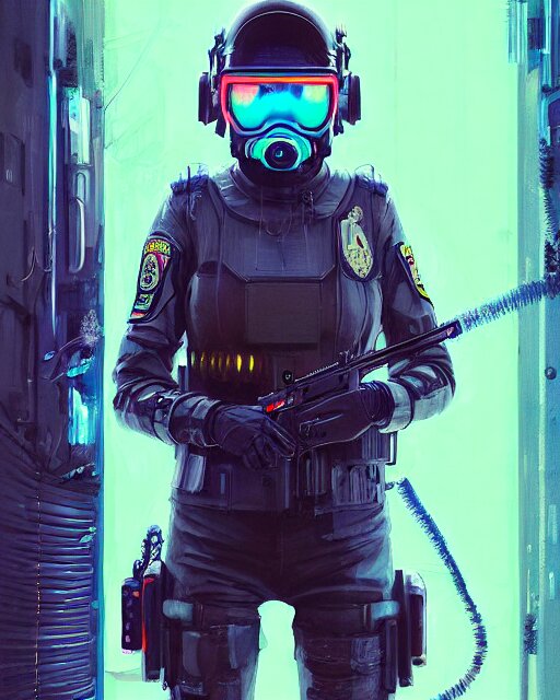 detailed neon female swat officer flying a jet, cyberpunk futuri ...