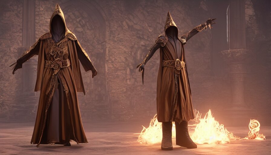 Lexica - T-pose of wizard, magic belt, elaborate robes, hood, character ...