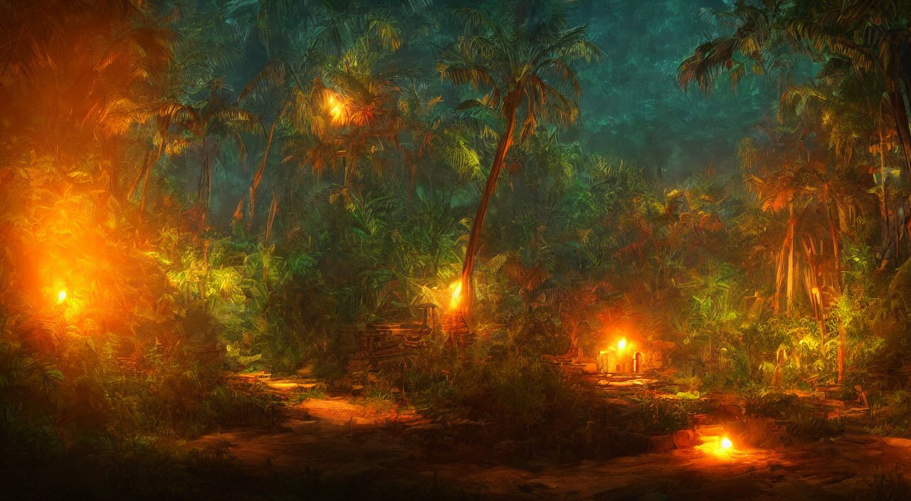 Lexica - lot torch by night in the tropical jungle the wall wood ...